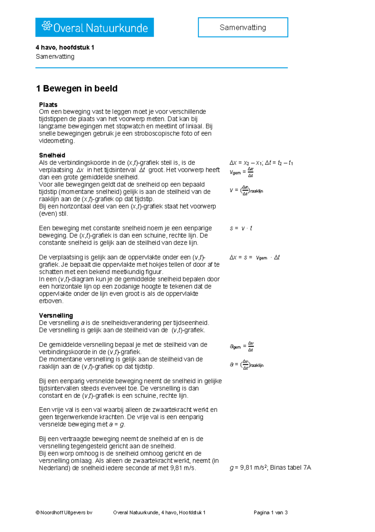 Overal na 4 h hoofdstuk 01 samenvatting - © Noordhoff Uitgevers bv Overal Natuurkunde, 4 havo ...