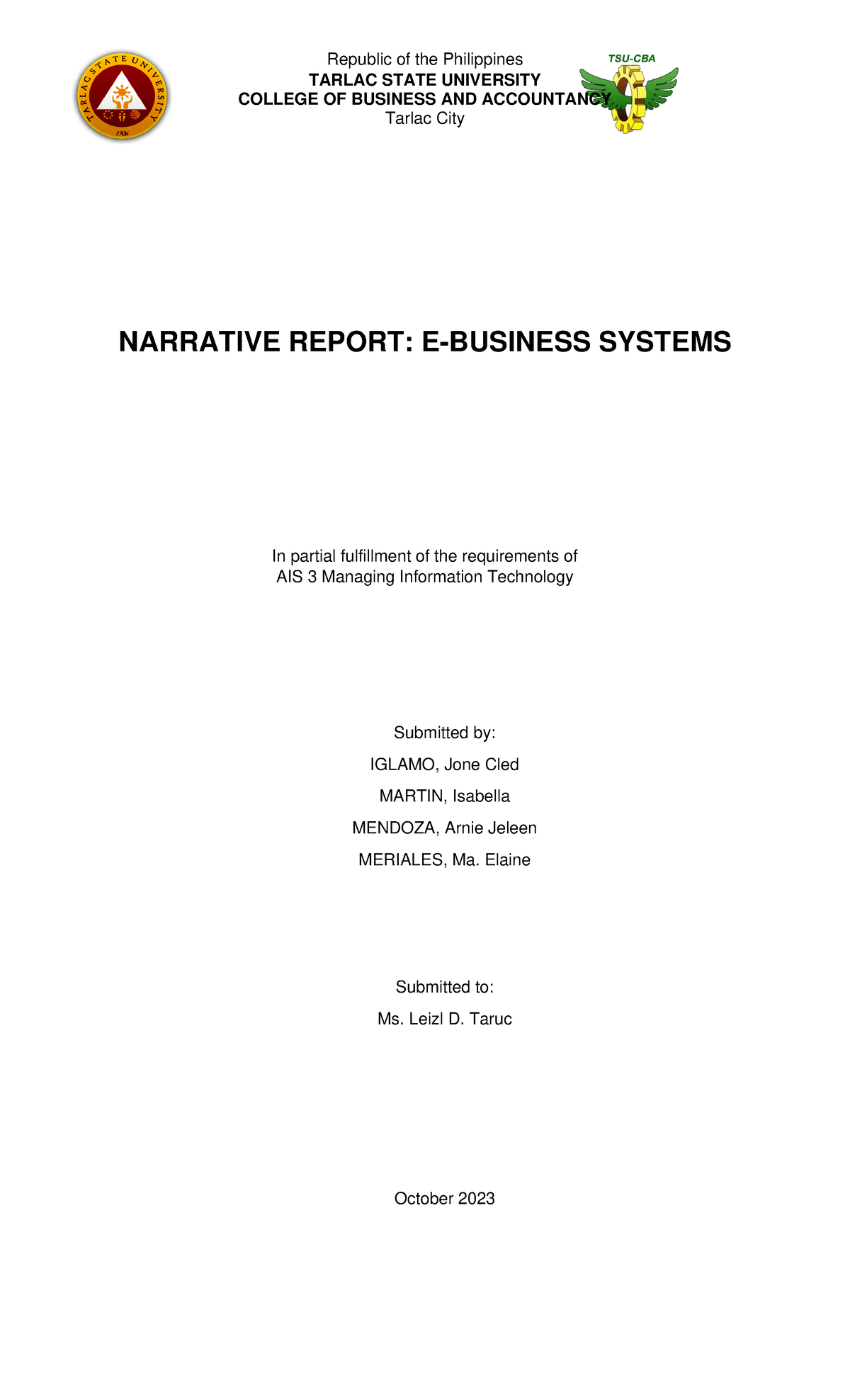 Narrative- Report Group-7 - TARLAC STATE UNIVERSITY COLLEGE OF BUSINESS ...