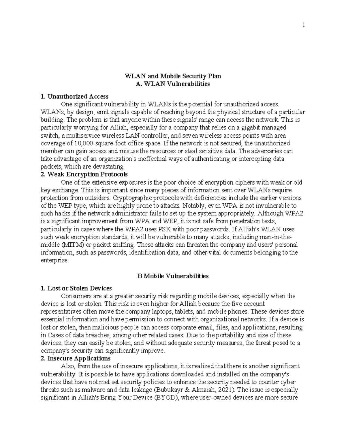 WLAN and Mobile Security Plan Task 2 - WLAN and Mobile Security Plan A ...