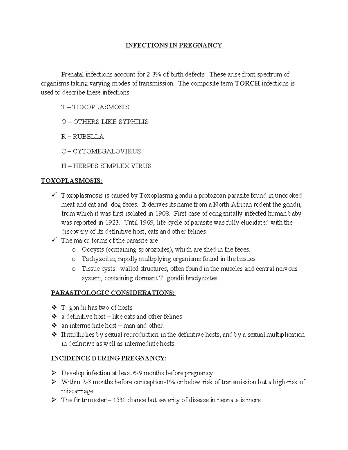Torch - Notes - INFECTIONS IN PREGNANCY Prenatal infections account for ...