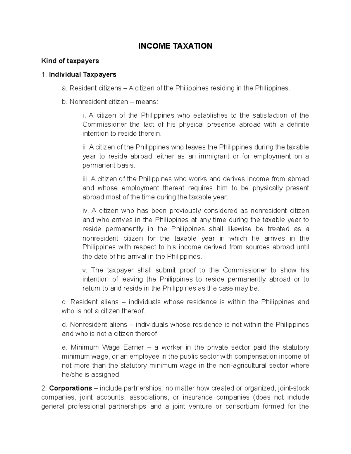 Kinds of Taxpayers - This is a lecture note on income taxation - INCOME ...