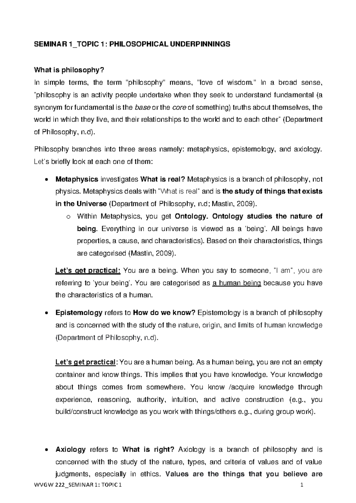 Seminar 1 Topic 1 Study material Philosophical underpinnings - WVGW 222 ...