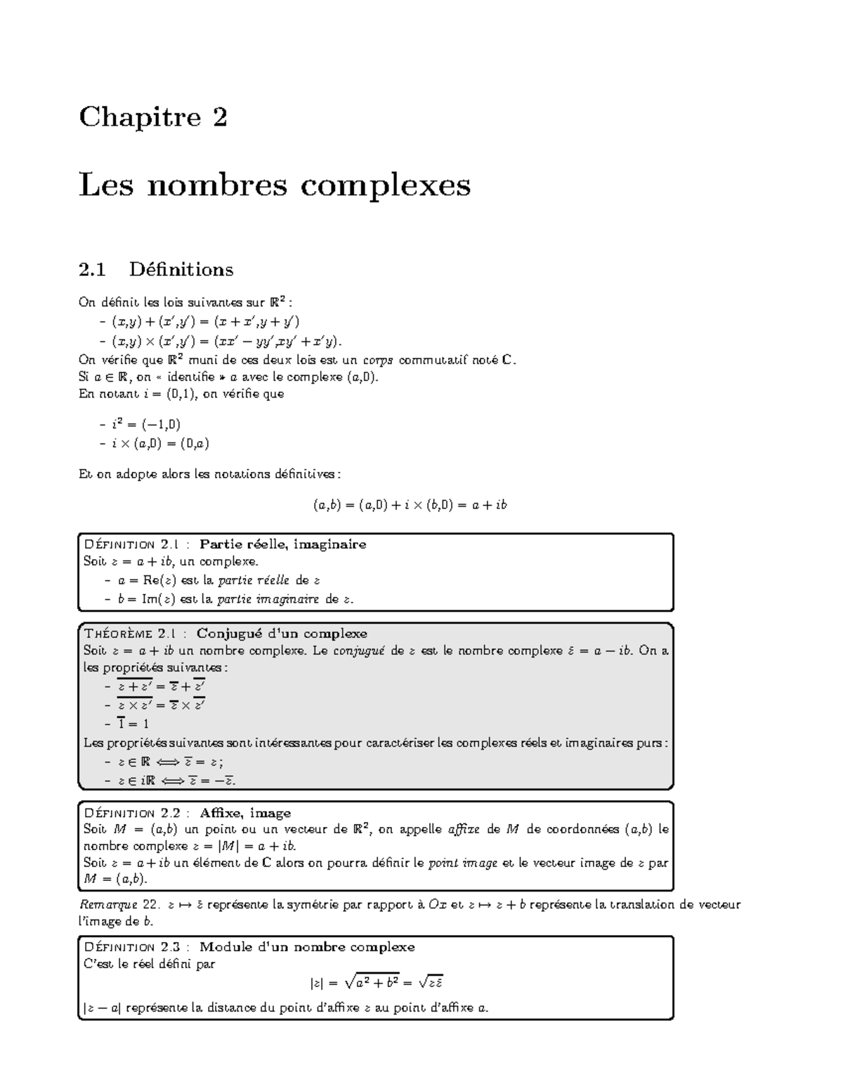 Les-nombres-complexes - Chapitre 2 Les nombres complexes 2 D ́efinitions On d ́efinit les lois ...