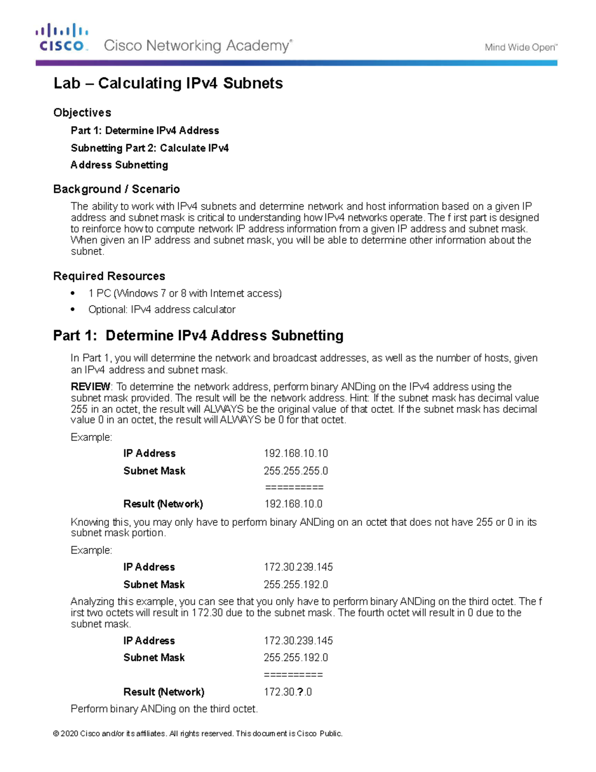 Lab 2 1 Calculating Ipv4 Subnets © 2020 Cisco And Or Its Affiliates