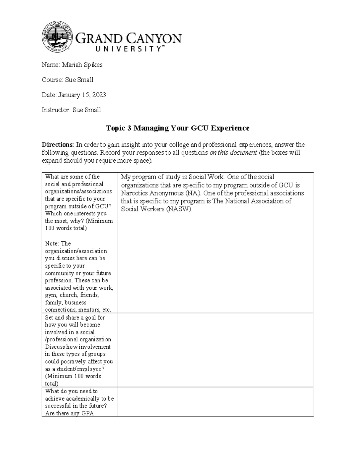UNV-103-RS-T3 Your GCUExperience Online - Name: Mariah Spikes Course ...