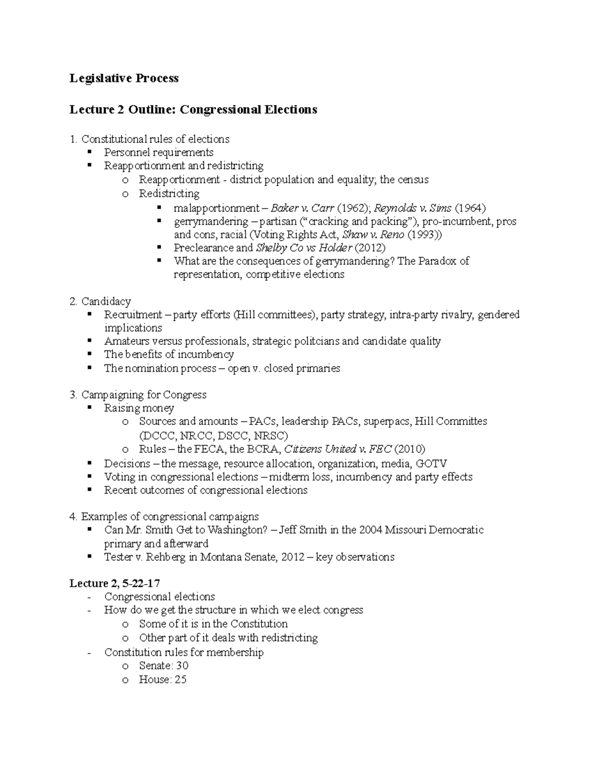 Lecture 2 - Legislative Process Lecture 2 Outline: Congressional ...