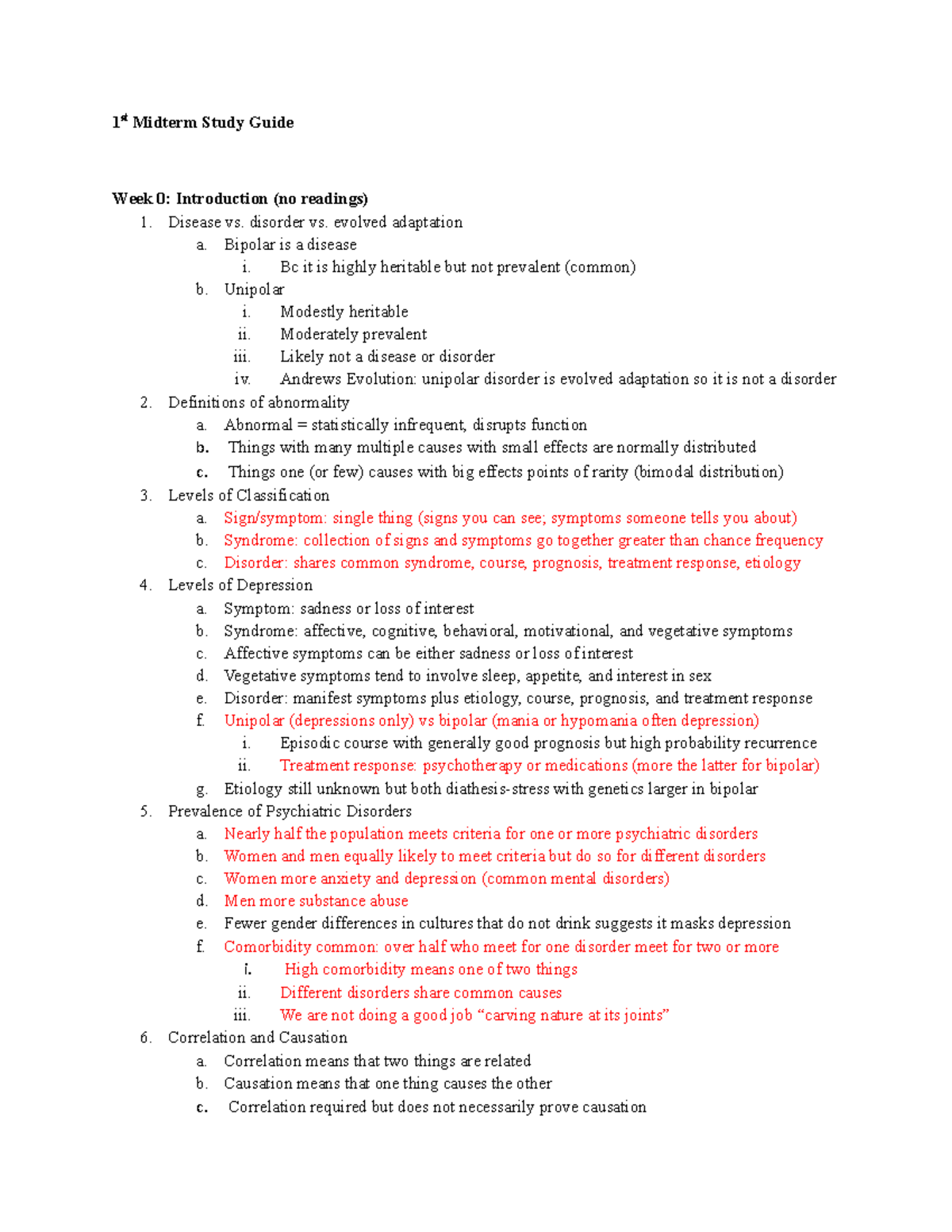 Depression midterm exam study - 1 st Midterm Study Guide Week 0 ...