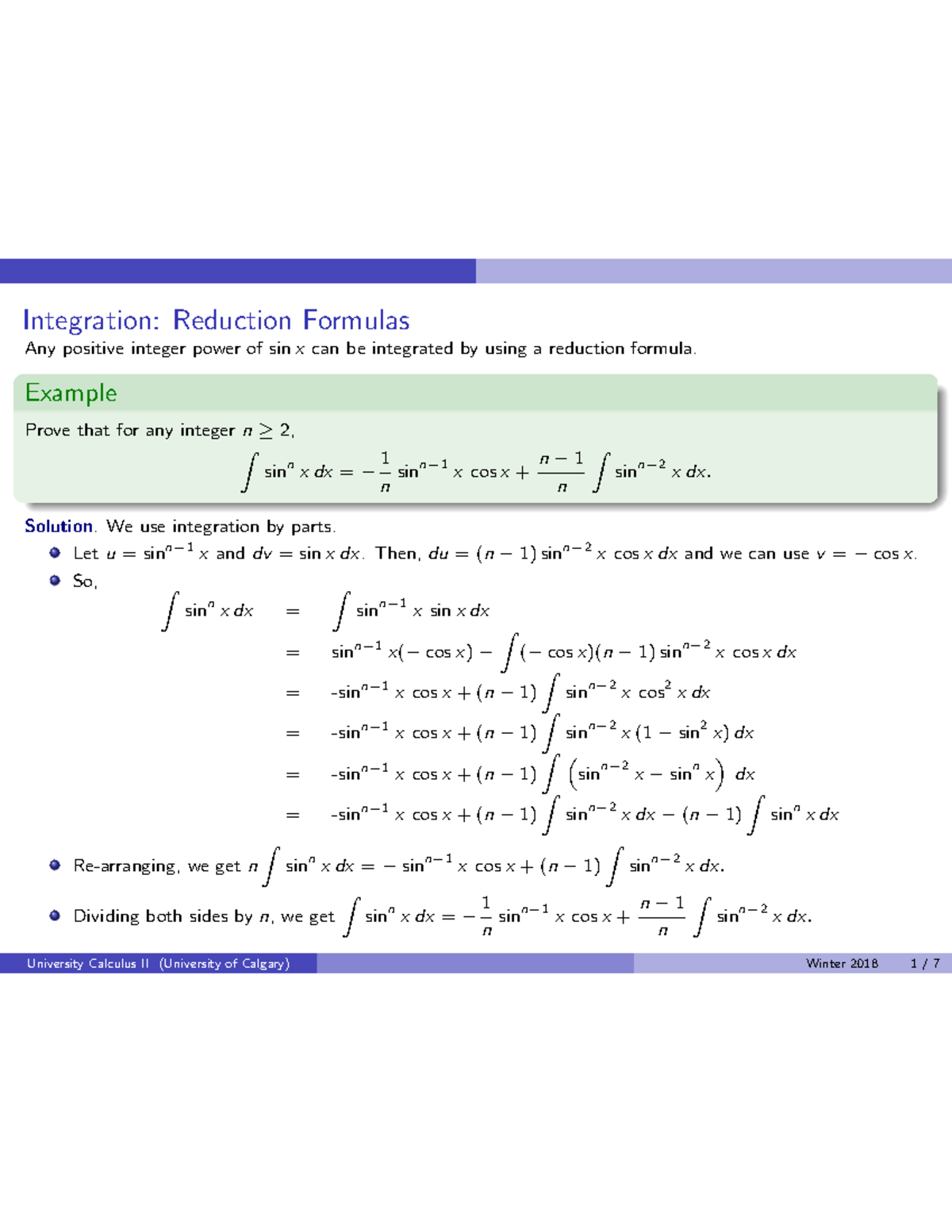 MATH267L15 Reduc For - GREAT - Integration: Reduction Formulas Any ...