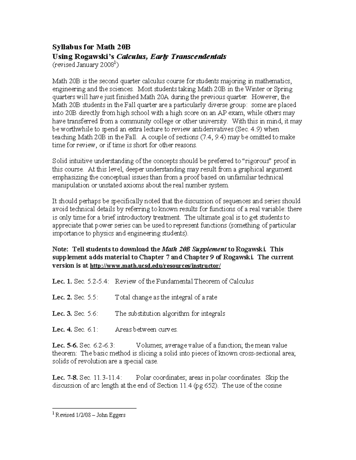 210663592 Math 20b Syllabus - Syllabus for Math 20B Using Rogawski’s ...