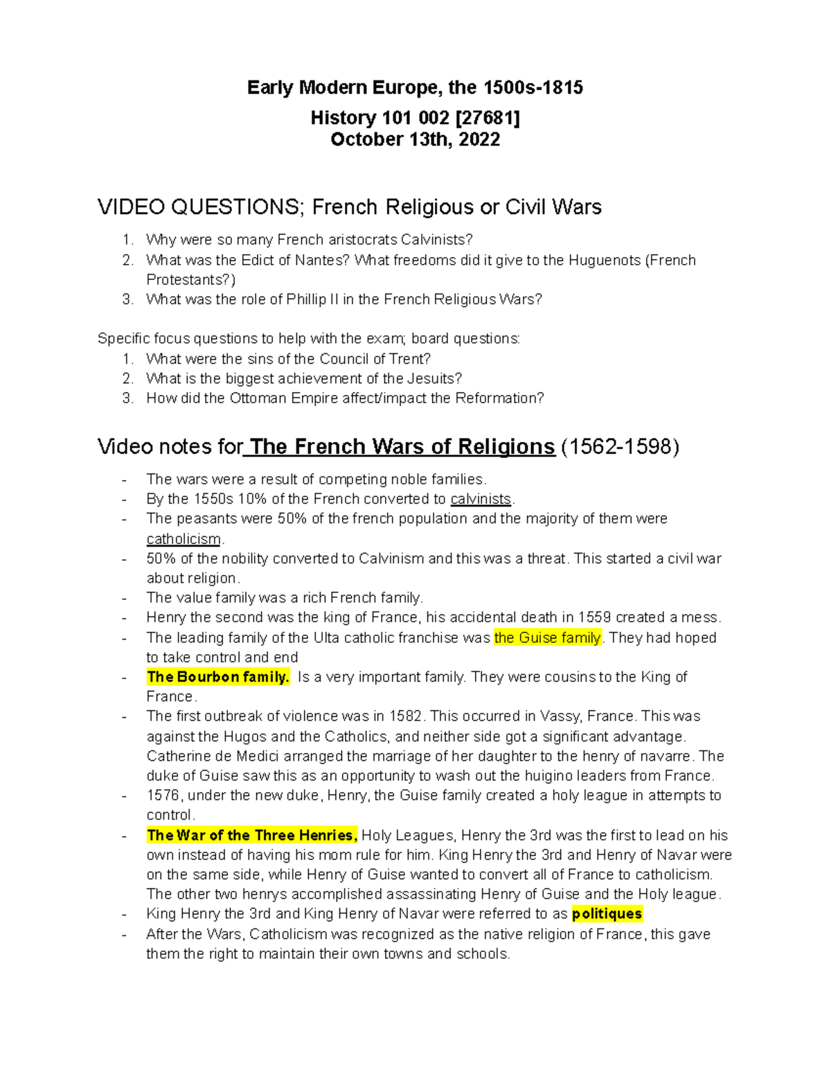 Early Modern Europe, the 1500s-1815 History 101 002 [27681 ] October ...