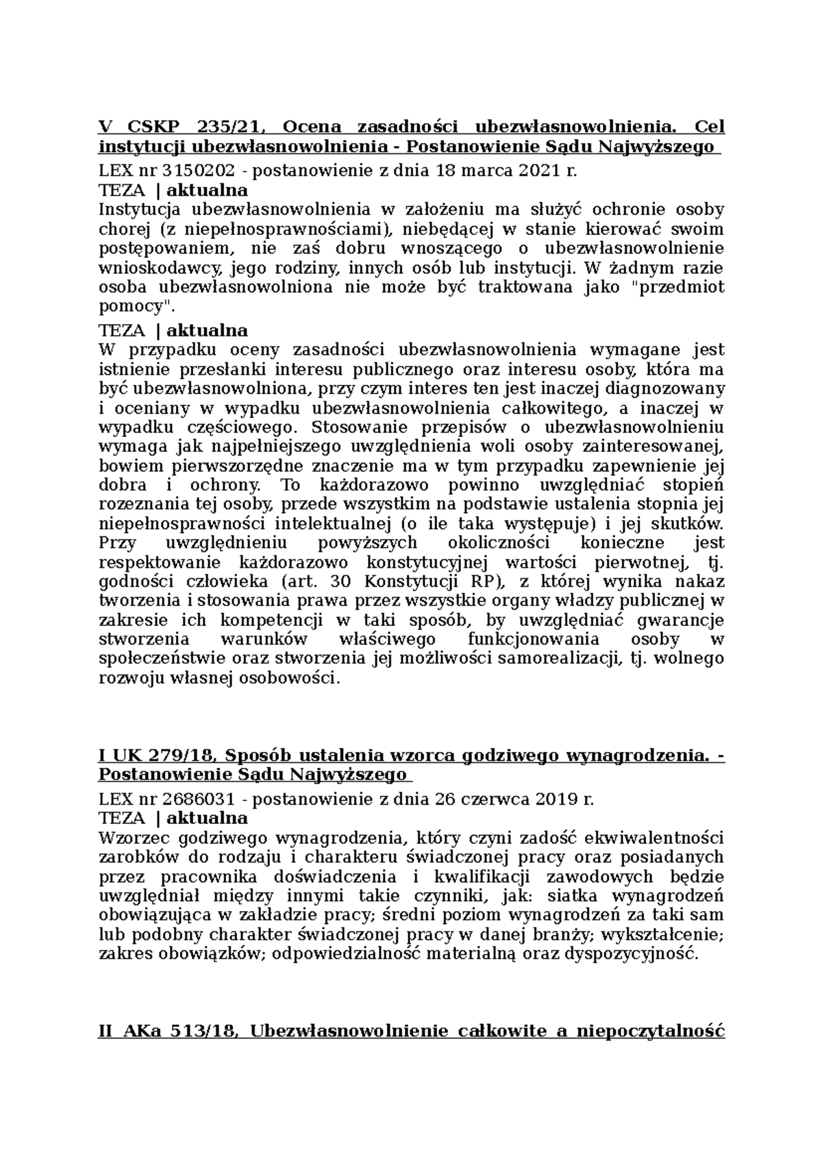 Tezy z orzecznictwa dot. ubezwłasnowolnienia - V CSKP 235/21, Ocena ...