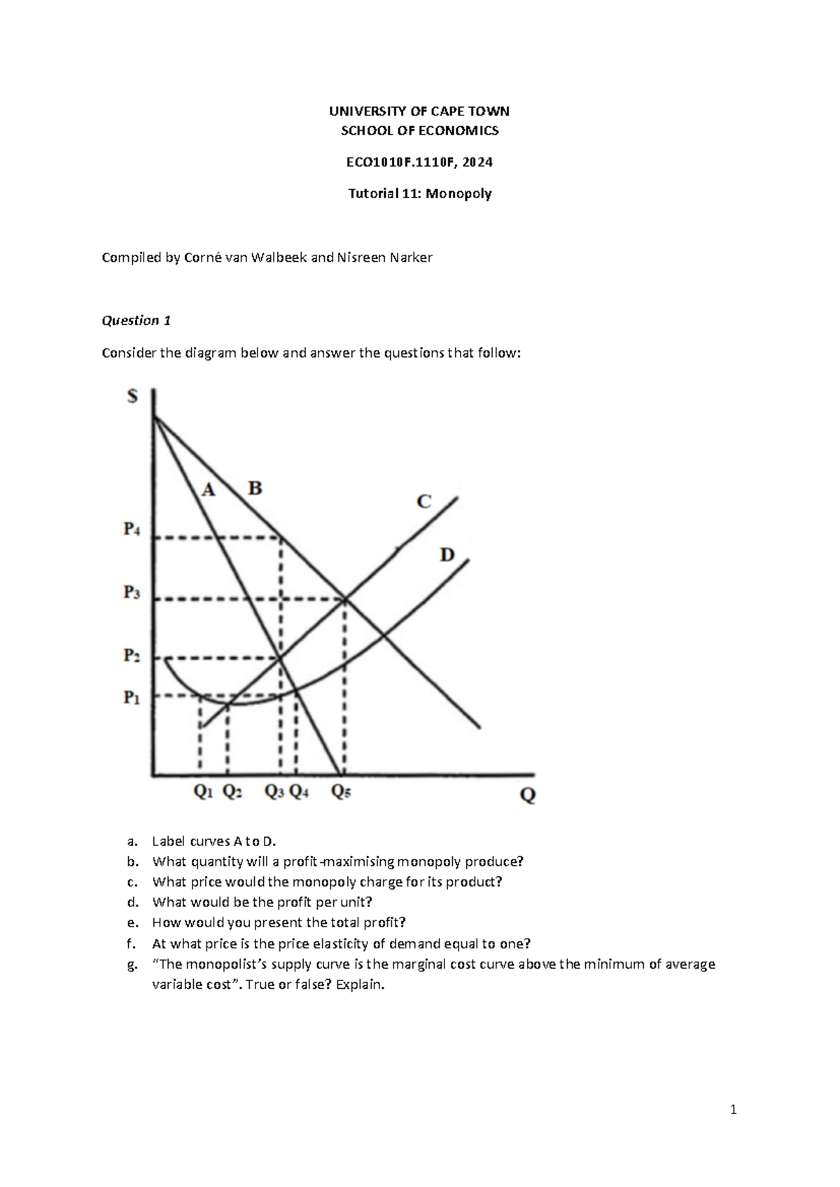 Tutorial 11 2024 - 1 UNIVERSITY OF CAPE TOWN SCHOOL OF ECONOMICS ECO ...
