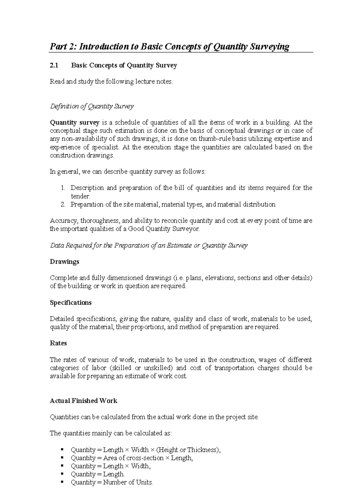 lesson 1 - prelim period - Part 2: Introduction to Basic Concepts of Quantity Surveying 2 Basic ...