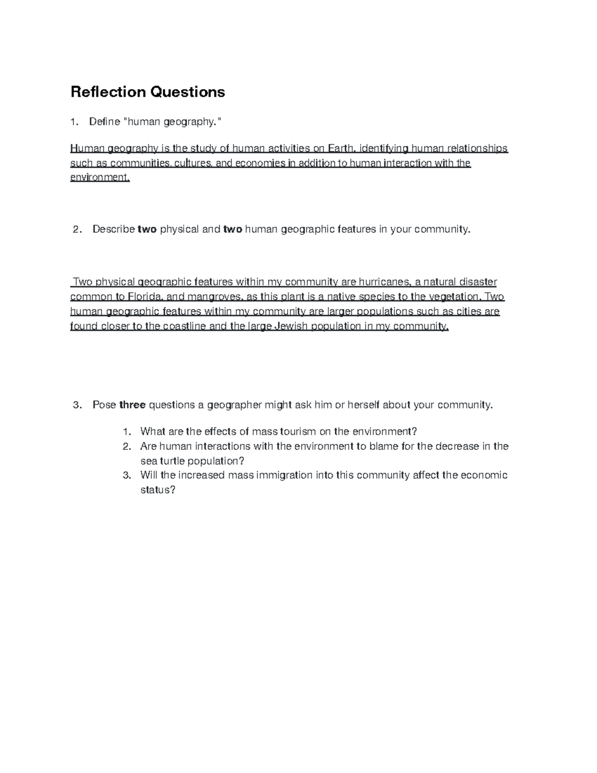 1.01 Geography An Introduction - Reflection Questions Define "human ...