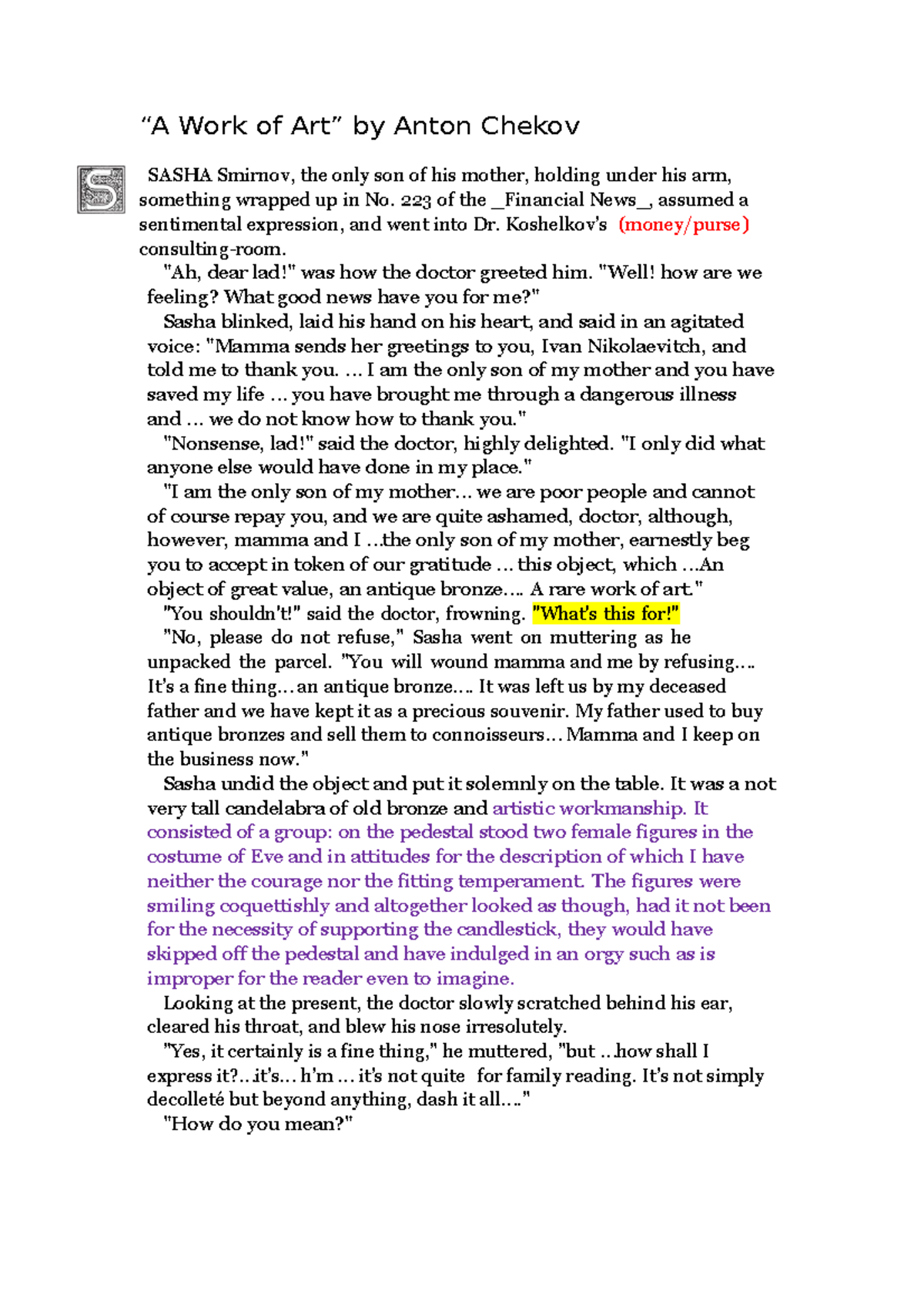 ENG 392 - A Work of Art by Anton Chekov 2-25 class discussion - “A Work ...