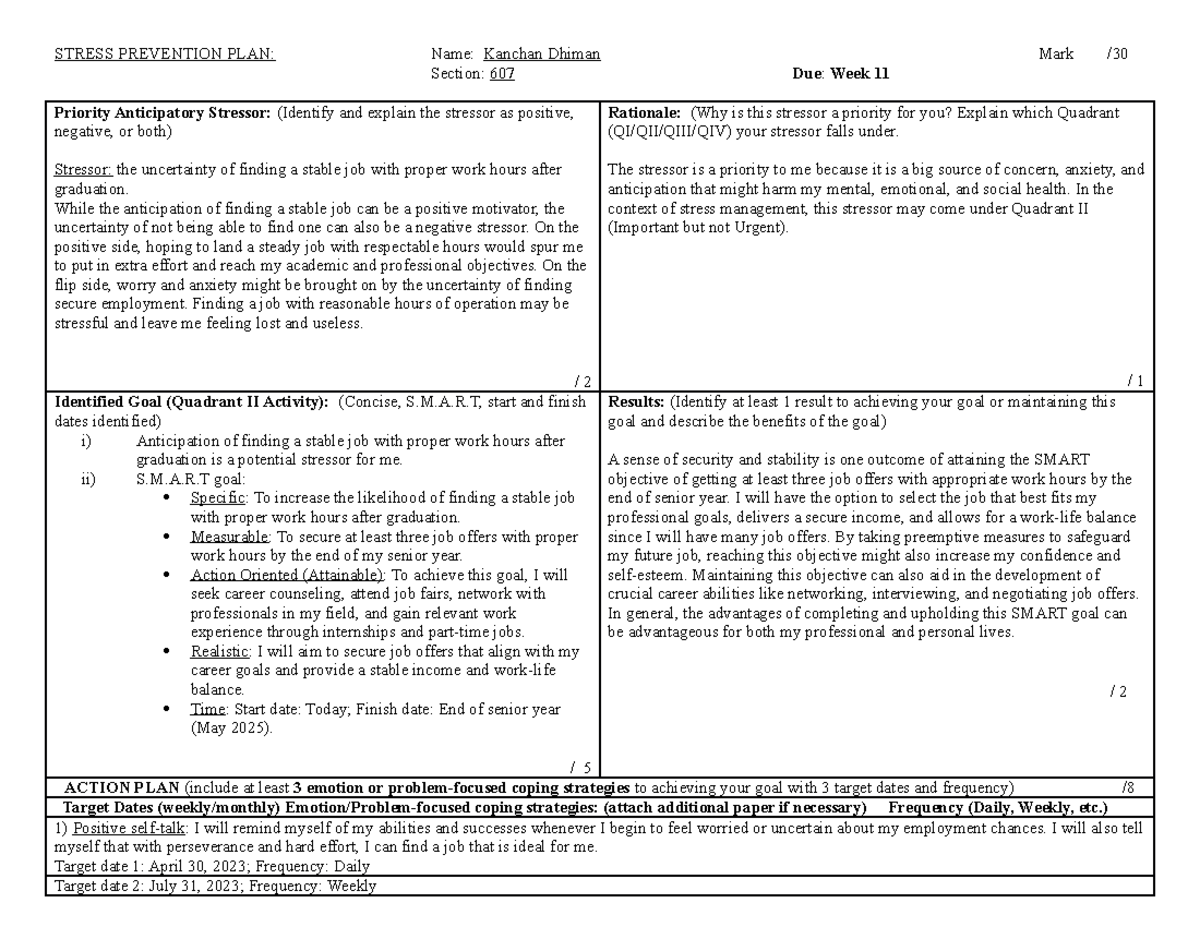 Assignment 2 - GNED 137 - Due Week 11 - STRESS PREVENTION PLAN: Name ...
