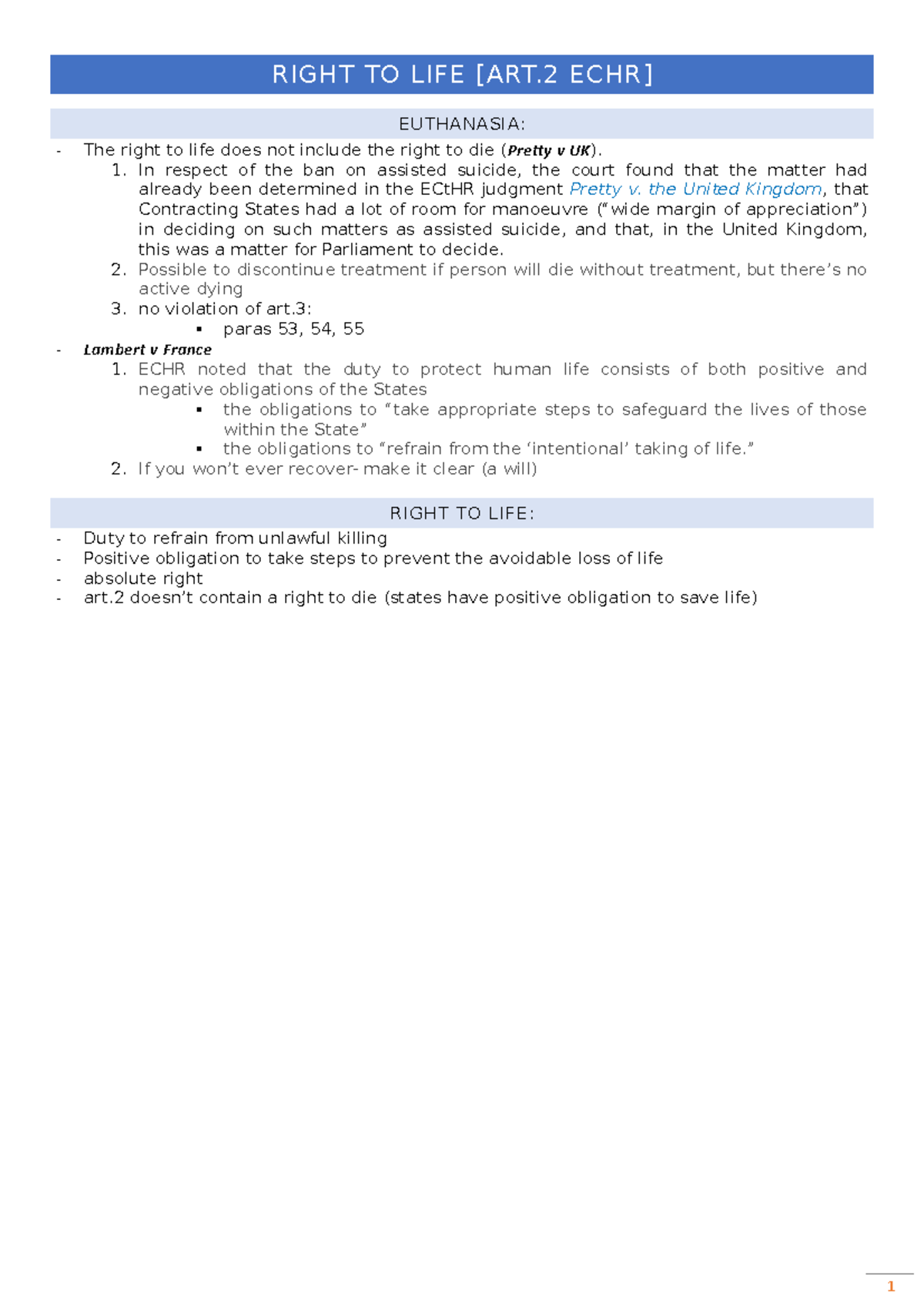 Summary European Human Rights - RIGHT TO LIFE [ART ECHR] EUTHANASIA ...