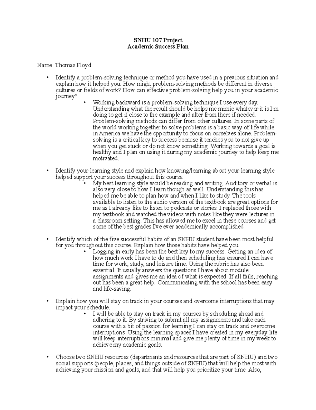 SNHU 107 Project - SNHU 107 Project Academic Success Plan Name: Thomas ...