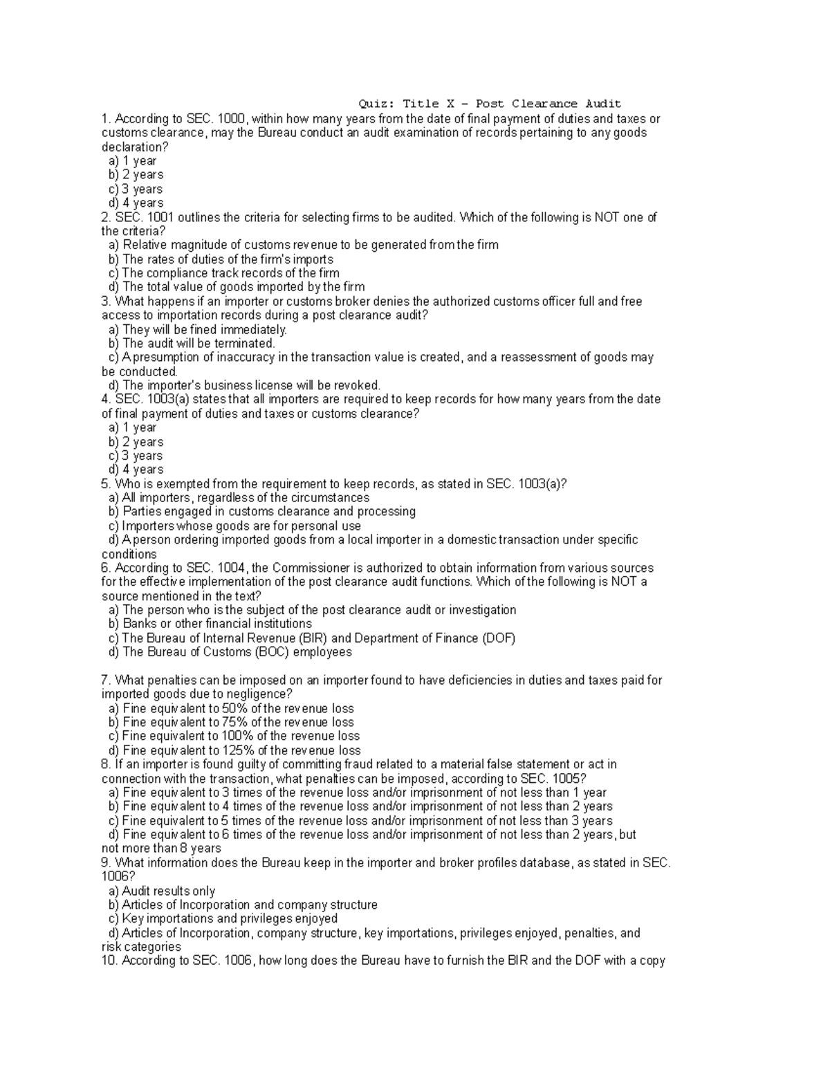 Post Clearance Audit Quiz - Quiz: Title X – Post Clearance Audit ...