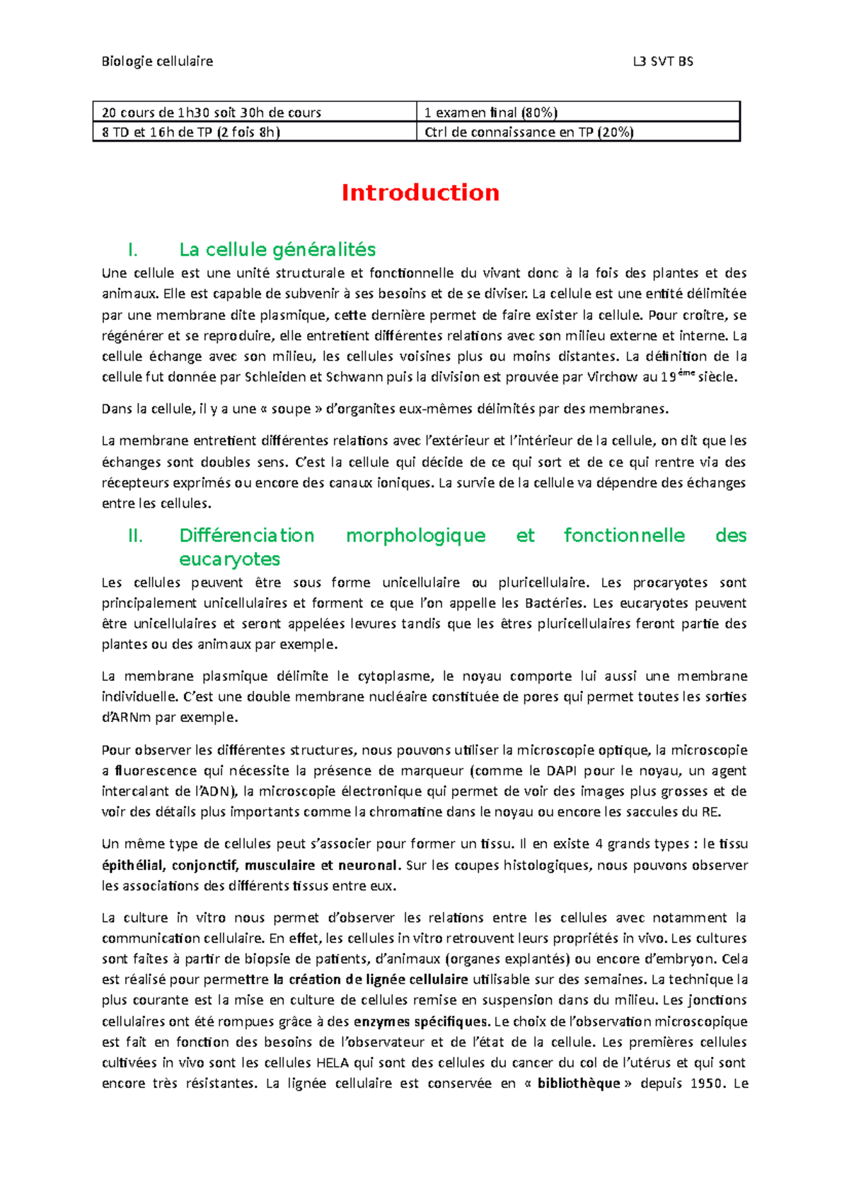 Biologie Cellulaire 2 L3 SVT BS - 20 cours de 1h30 soit 30h de cours 1 examen final (80%) 8 TD ...