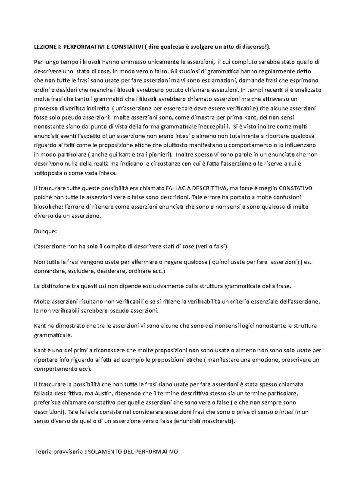 Austin-Come fare cose con le parole-Riassunto - LEZIONE I: PERFORMATIVI ...