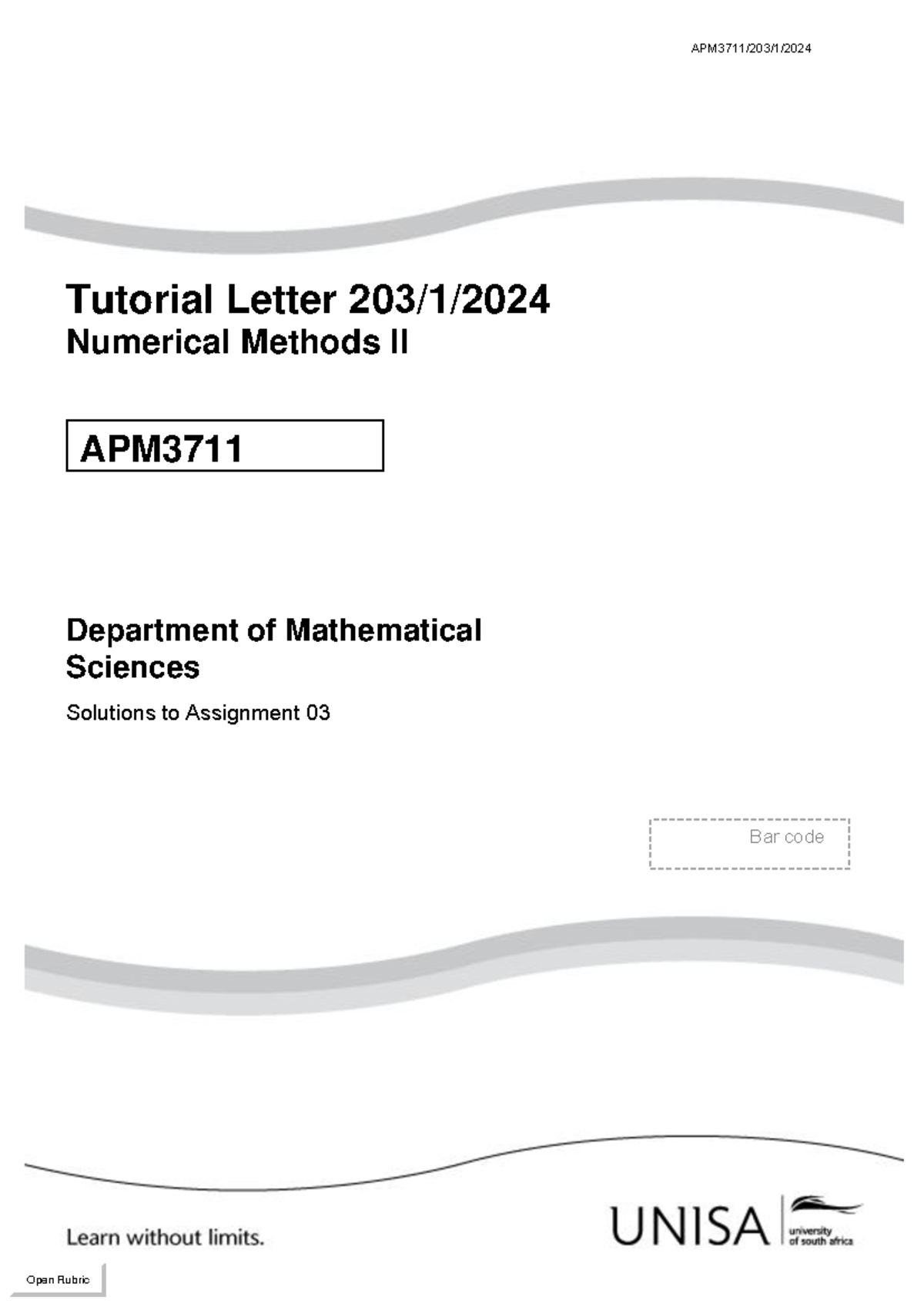 APM3711 Assignment 3 Solutions 2024 - Tutorial Letter 20 3 /1/20 24 Numerical Methods II ...
