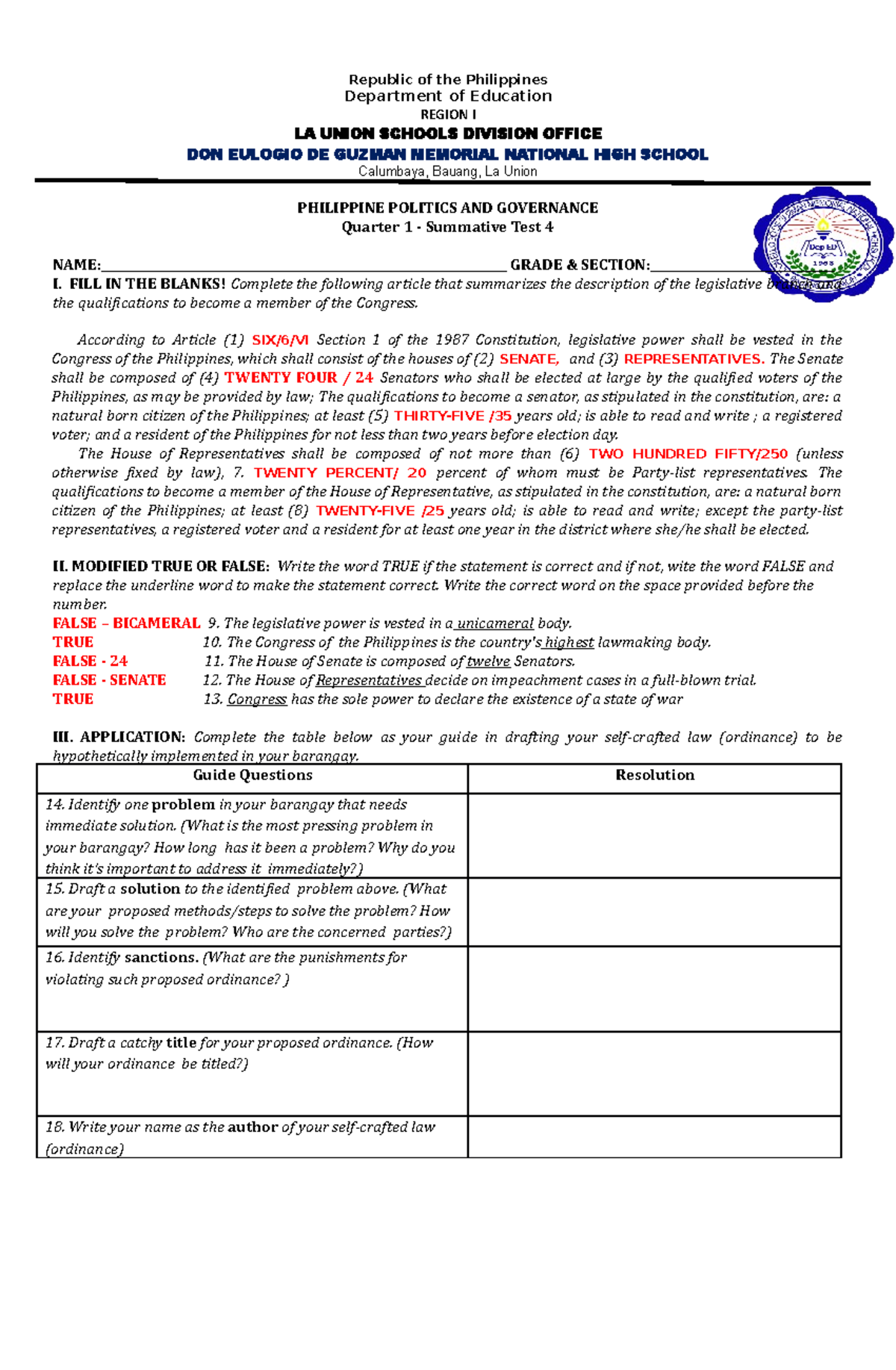 4 - exam - Republic of the Philippines Department of Education REGION I ...