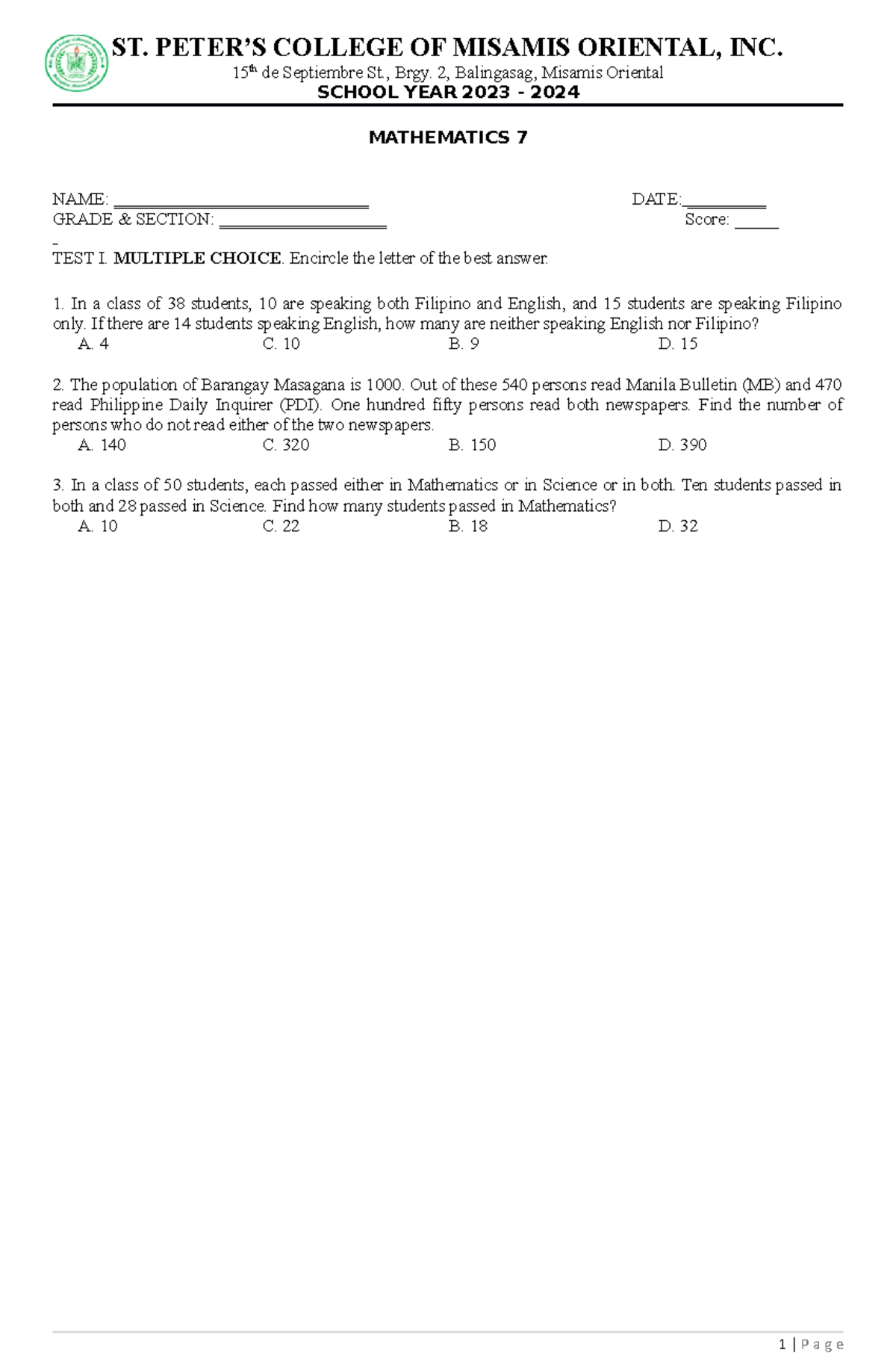 Sample Test Questioner Template - ST. PETER’S COLLEGE OF MISAMIS ...