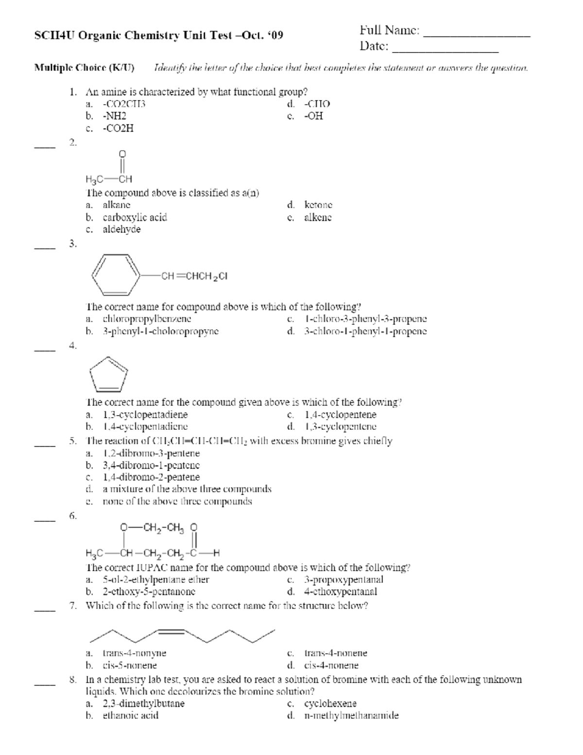SCH4U Organic Chemistry Unit Test –Apr - Studocu