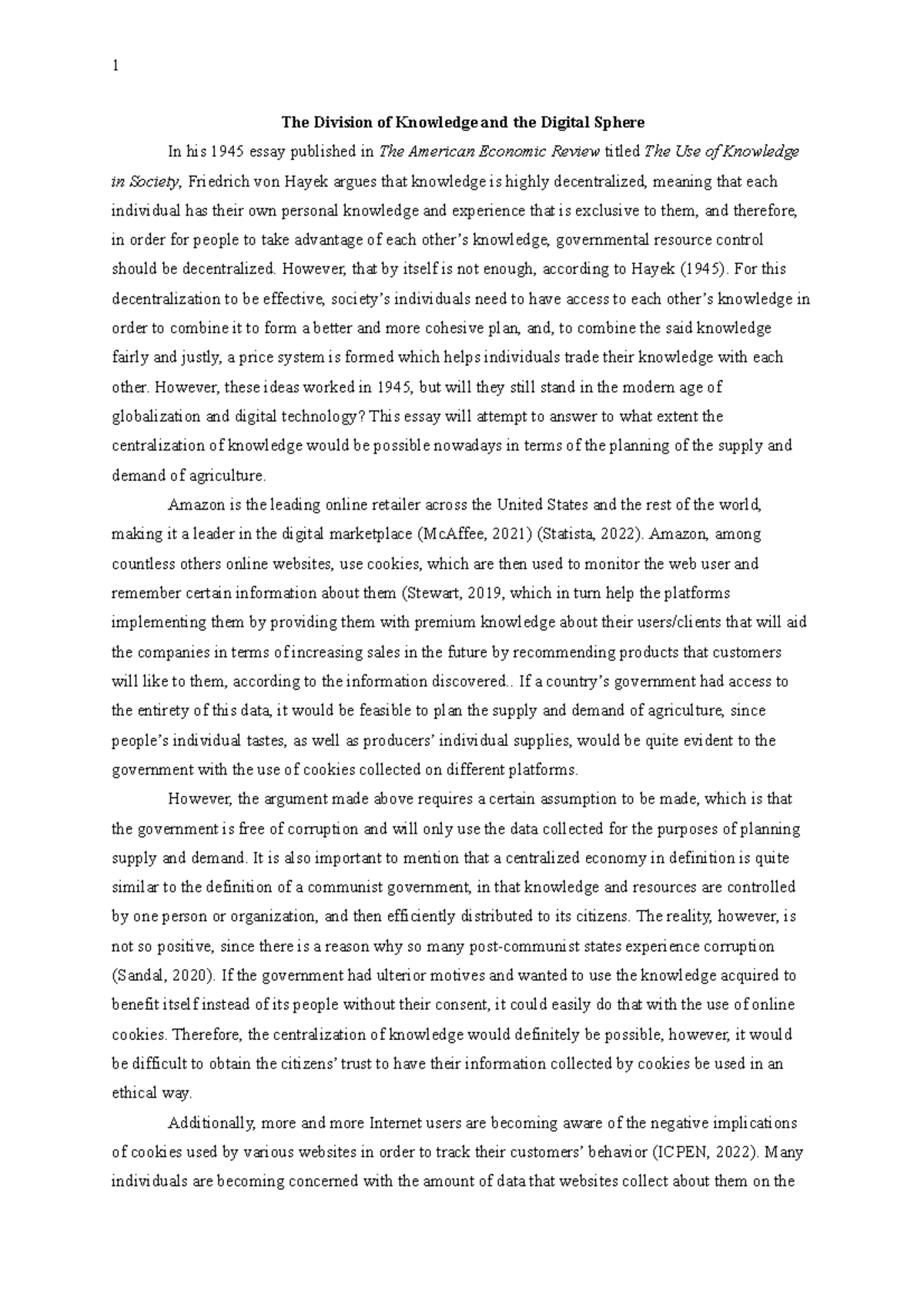 Friedrich von Hayek Essay - 1 The Division of Knowledge and the Digital ...