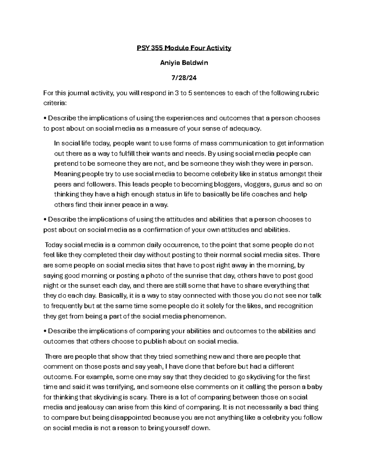 PSY 355 Module Four Activity - PSY 355 Module Four Activity Aniyia ...