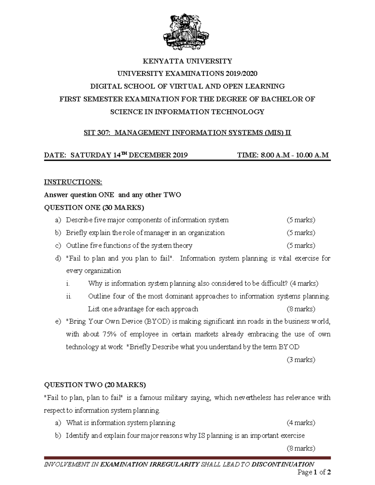 SIT 307 Management Information Systems MIS II - KENYATTA UNIVERSITY ...