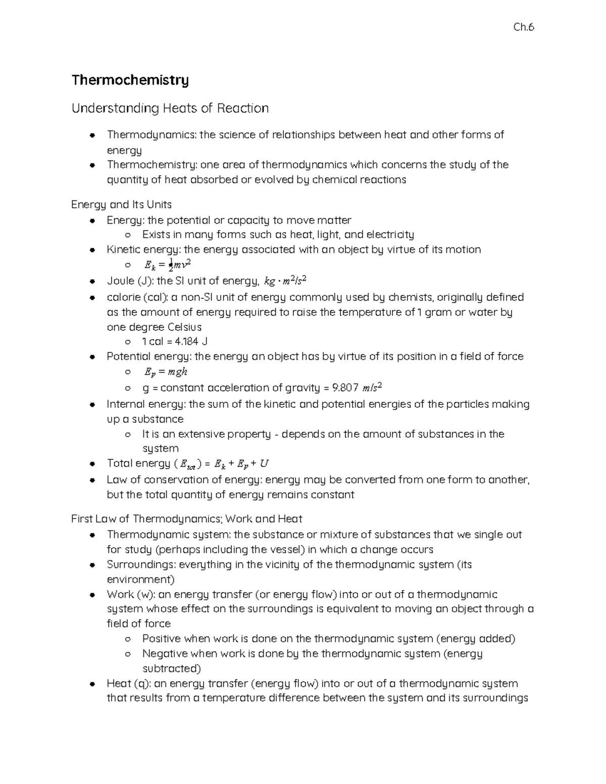 Ch.6 Notes - Ch Thermochemistry Understanding Heats of Reaction ...