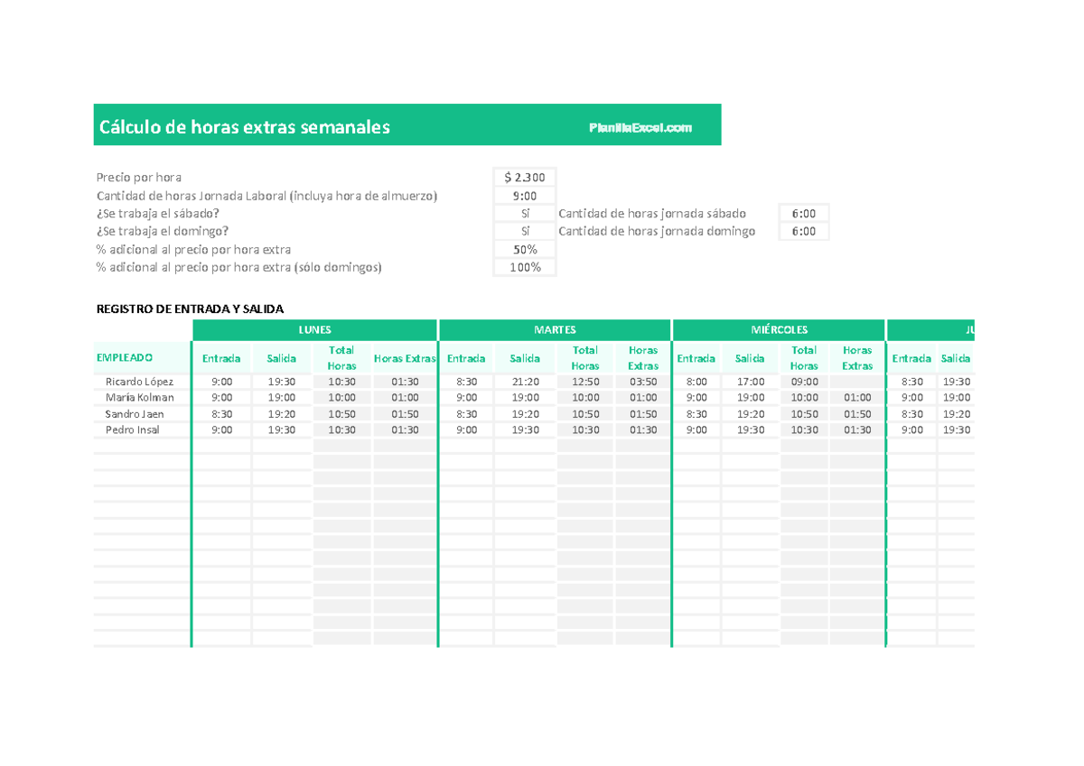 Planilla de excel para el calculo de horas extras semanales - Precio por hora $ 2. Cantidad de ...