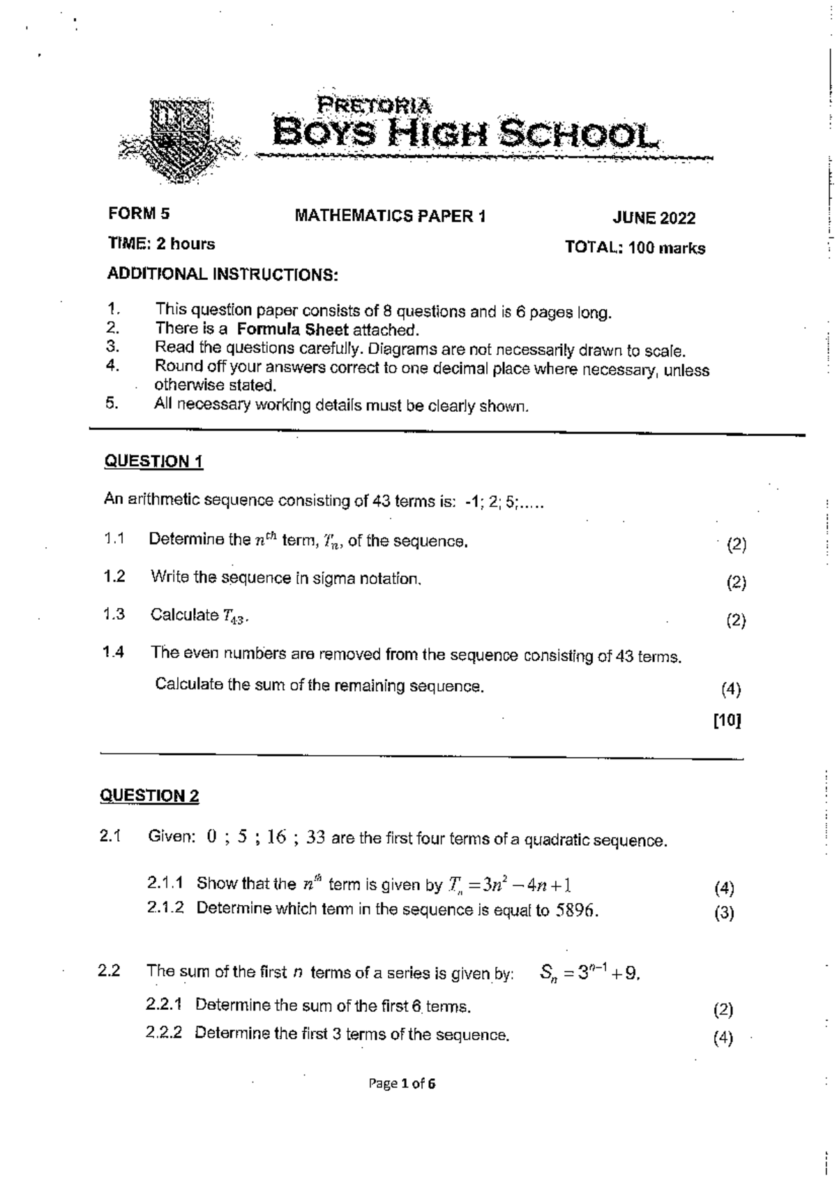 Form 5 Mathematics Paper 1 June Exam 2022 - Studocu