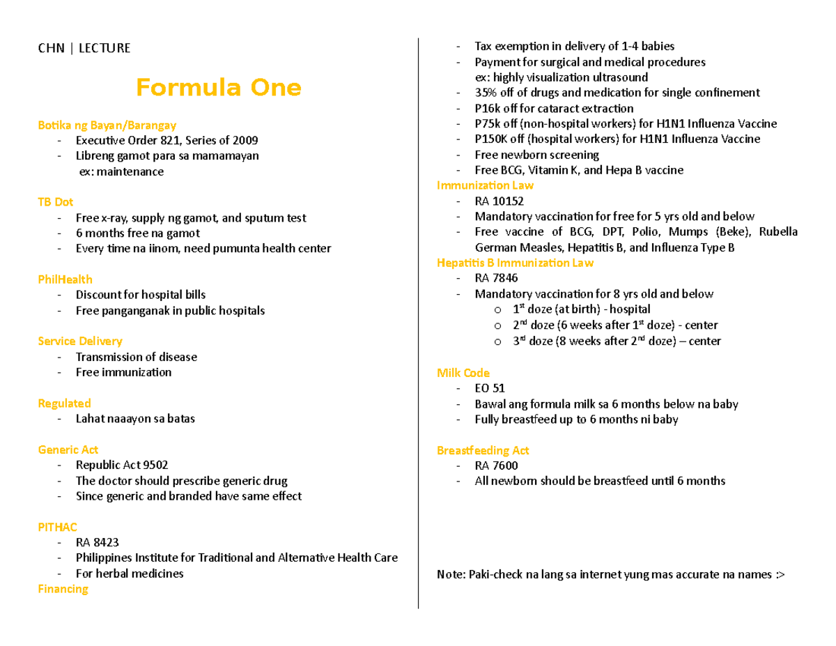 Formula ONE CHN Lecture - CHN | LECTURE Formula One Botika ng Bayan/Barangay - Executive Order ...