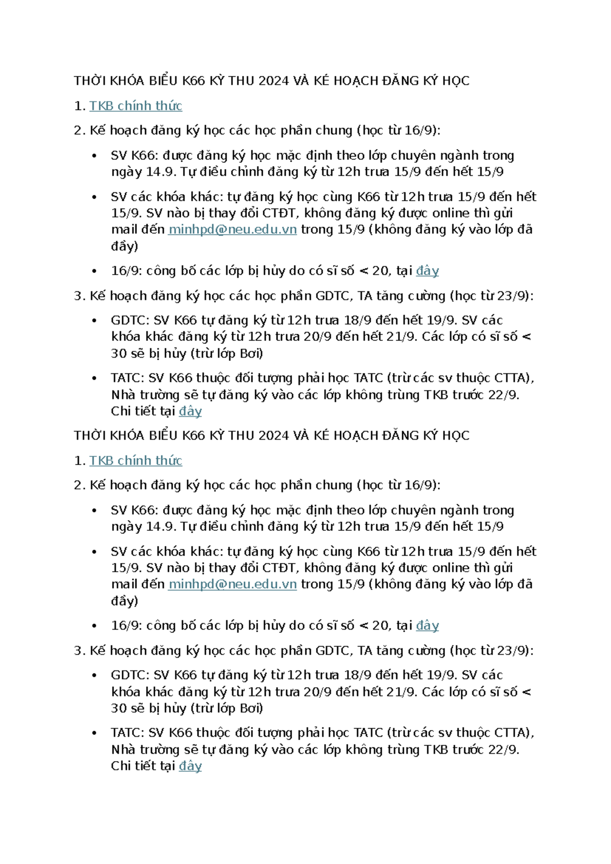 Thông tin NEU - 1. TKB chính thức 2. Kế hoạch đăng ký học các học phần ...