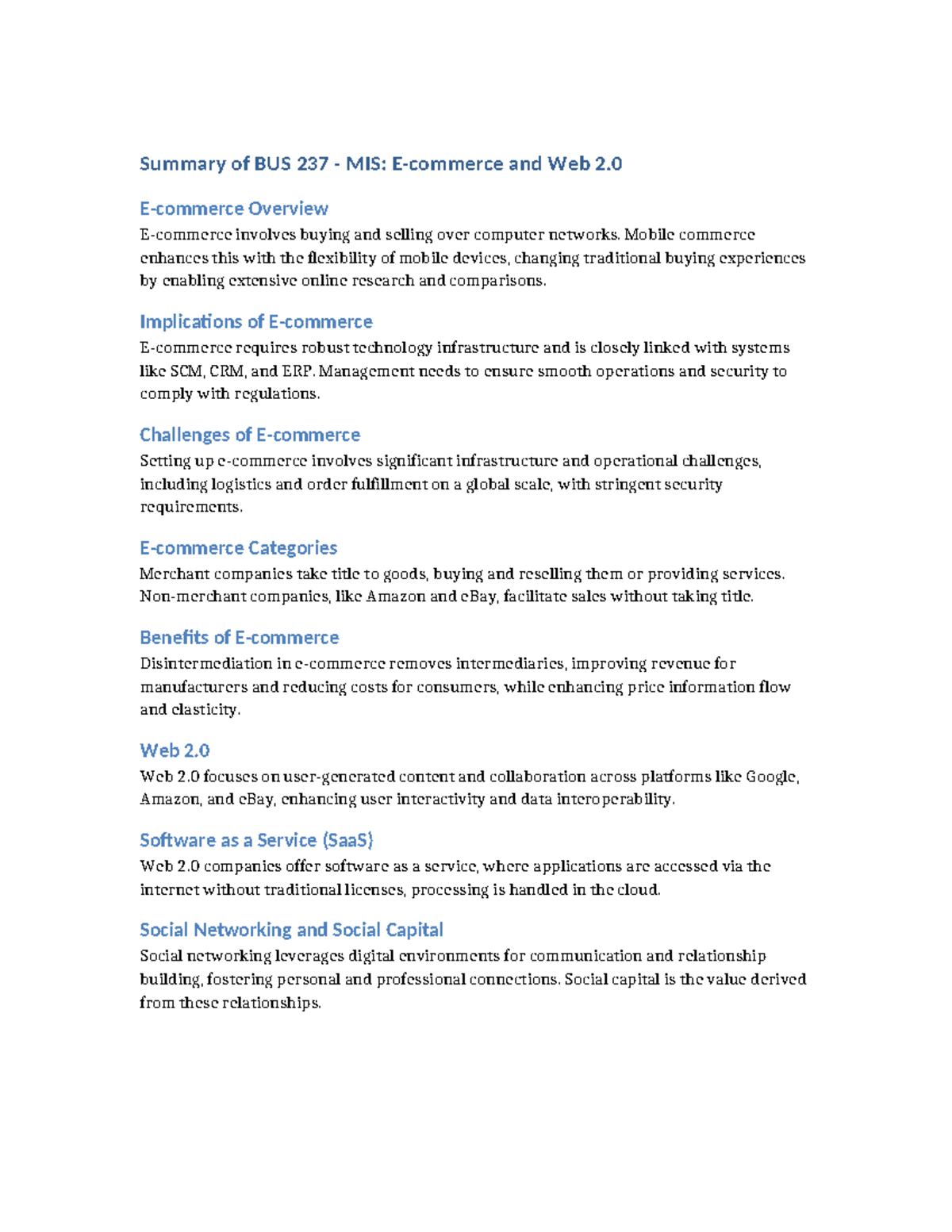 BUS 237 MIS E commerce and Web 2 Summary - Summary of BUS 237 - MIS: E-commerce and Web 2. - Studocu