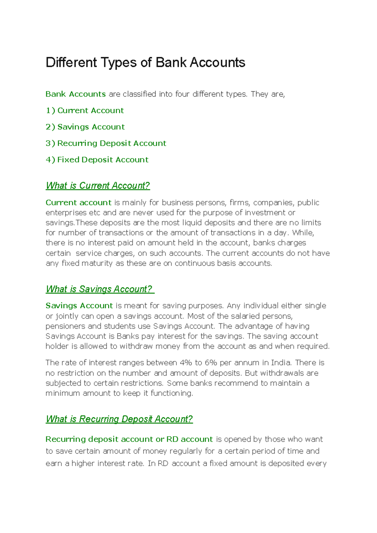 Different Types of Bank Accounts - They are, 1) Current Account 2 ...