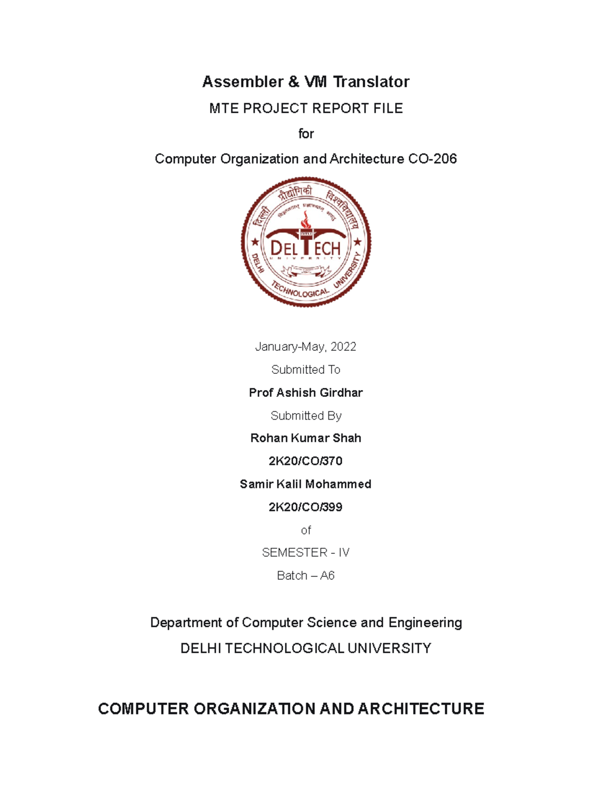 COA Project Report - Assembler & VM Translator MTE PROJECT REPORT FILE ...