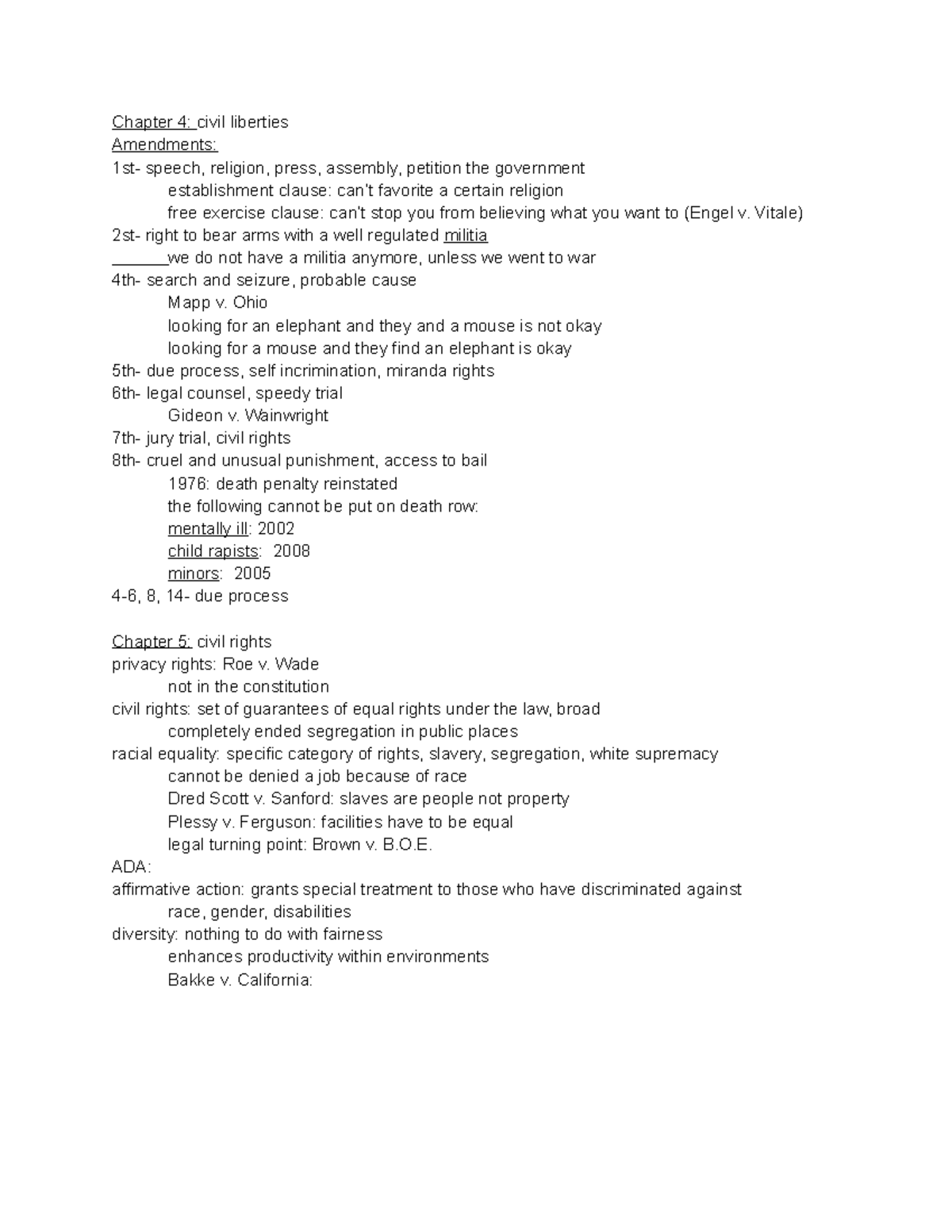 Pols 1010 - notes - Chapter 4: civil liberties Amendments: 1st- speech ...