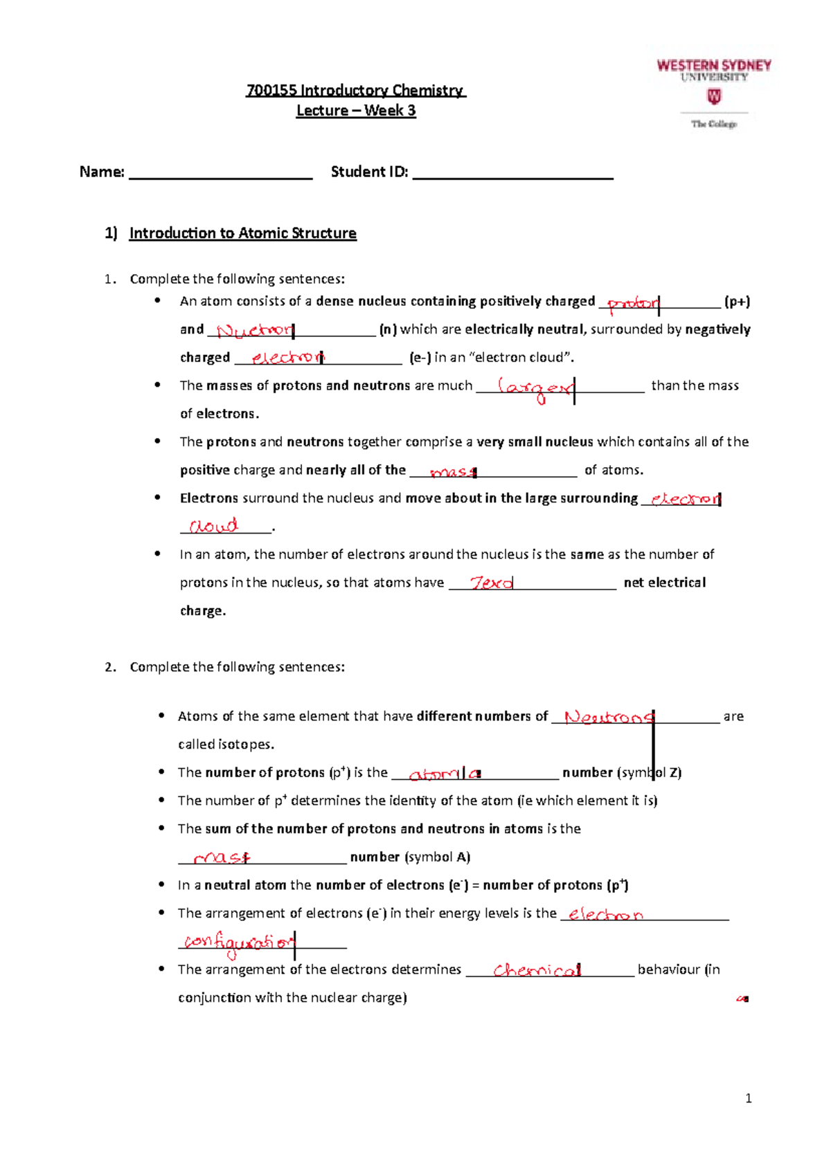 Introductory Chemistry Lecture Worksheet - Week 3 - 300808 - UWS - Studocu