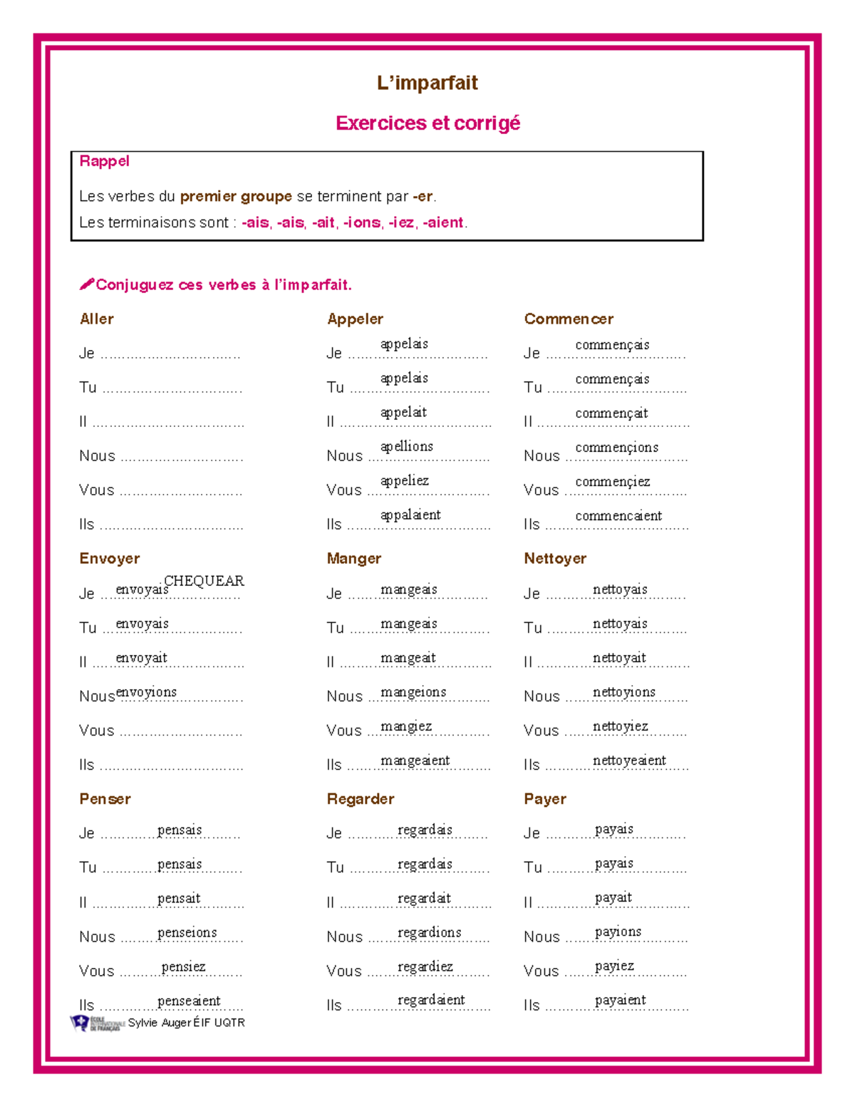 L'imparfait conjugaison Exercices et corrigé - L’imparfait Exercices et ...