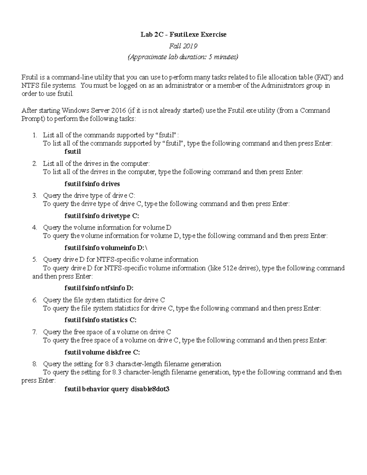 Lab 2C - Fsutil Exercise - You must be logged on as an administrator or ...