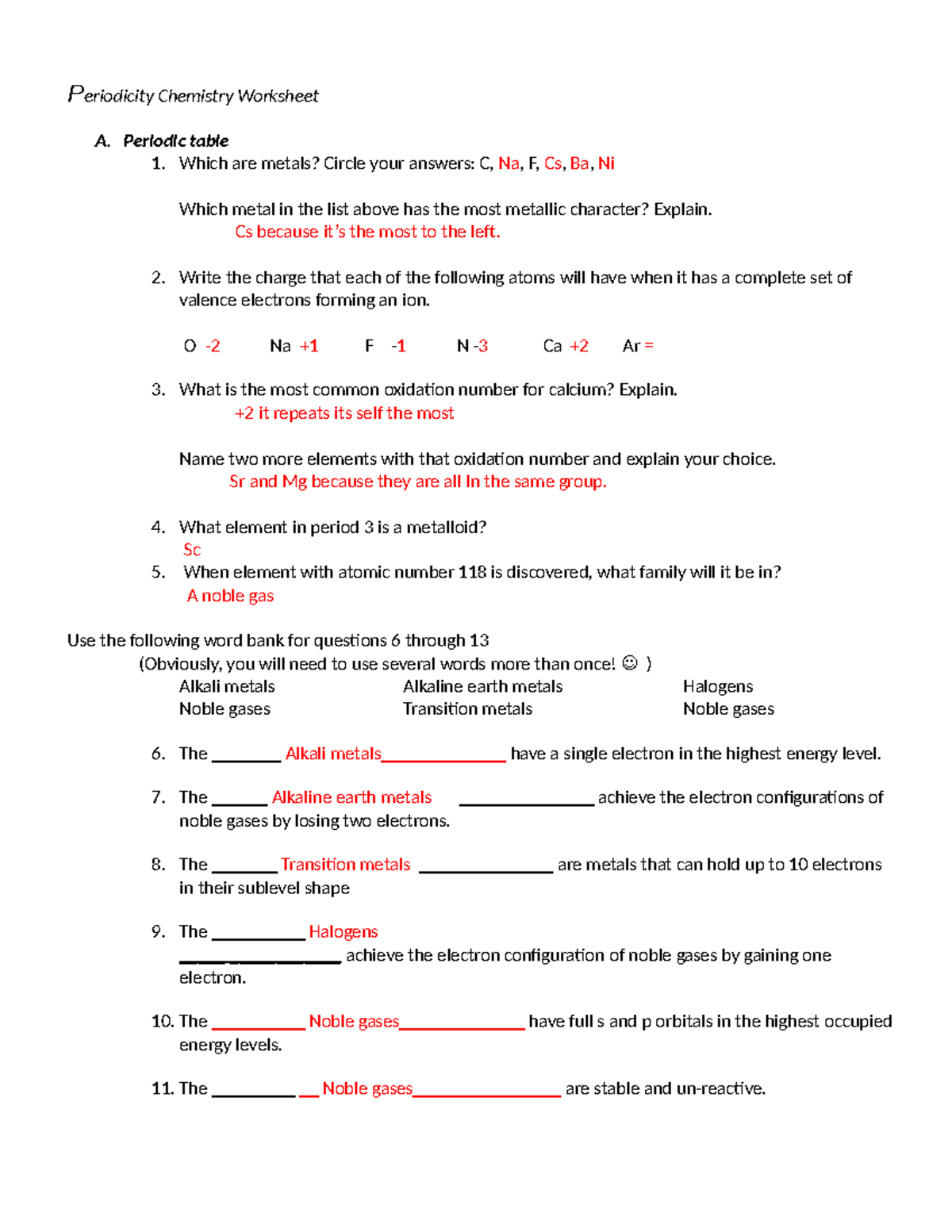 Periodicity Chemistry Worksheet 1 - Periodic table 1. Which are metals ...