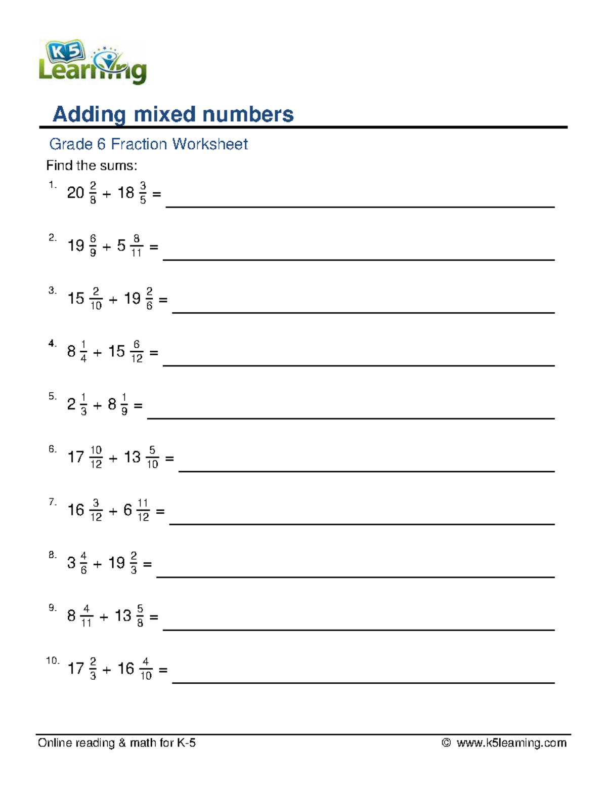 Grade 6 adding mixed numbers denominators 2 25 e - Online reading ...
