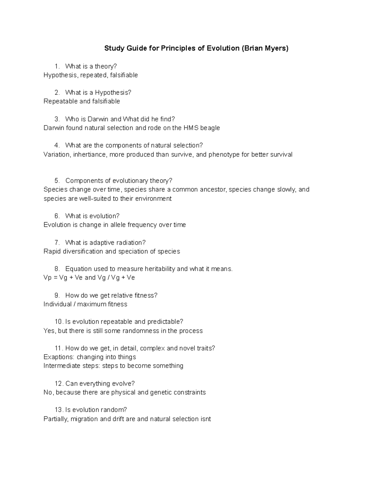 Study Guide for 3240 - Study Guide for Principles of Evolution (Brian ...