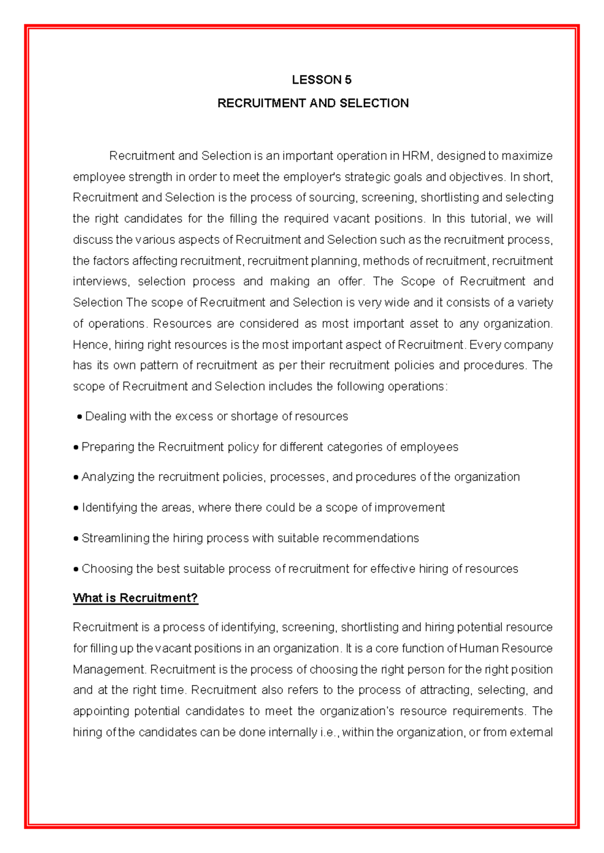 Lesson 5 Recruitment AND Selection - LESSON 5 RECRUITMENT AND SELECTION Recruitment and ...