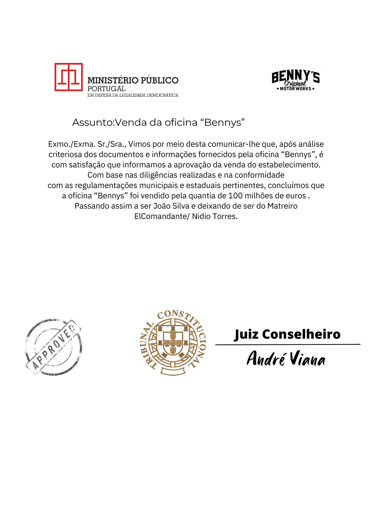 Venda da oficina Bennys 1 - Assunto:Venda da oficina “Bennys” Exmo ...