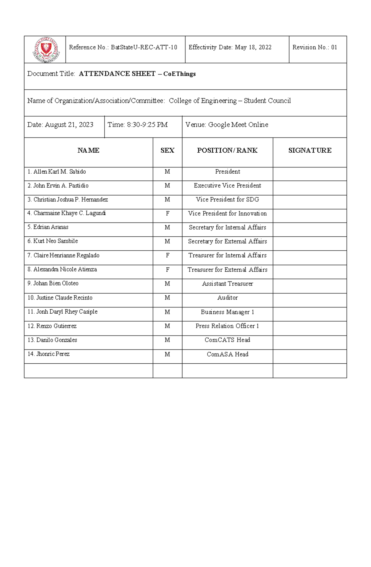 Attendance Sheet - Reference No.: BatStateU-REC-ATT-10 Effectivity Date: May 18, 2022 Revision ...
